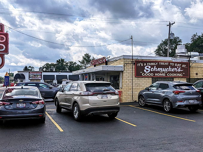 The glowing red sign of Schmucker's beckons like a lighthouse for hungry souls. Time-tested simplicity that promises exactly what it delivers.