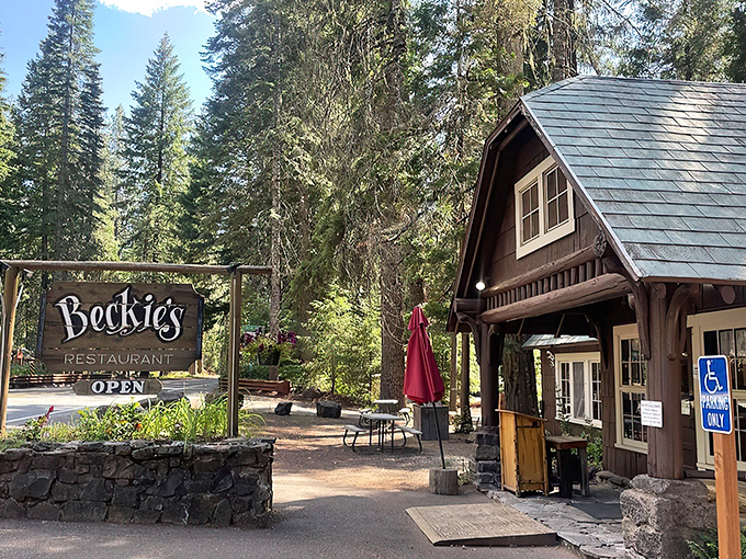 Beckie's rustic cabin exterior looks like it was plucked straight from a fairy tale about comfort food and forest adventures.