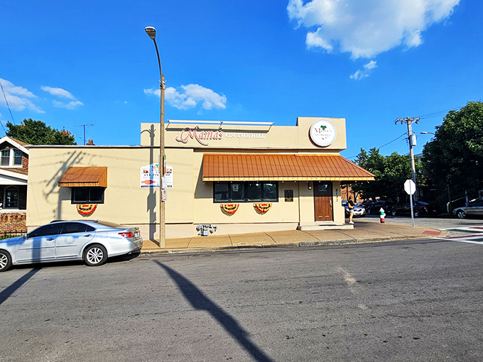 The iconic corner building with its distinctive copper awning stands as a beacon of Italian comfort in St. Louis' historic Hill neighborhood.