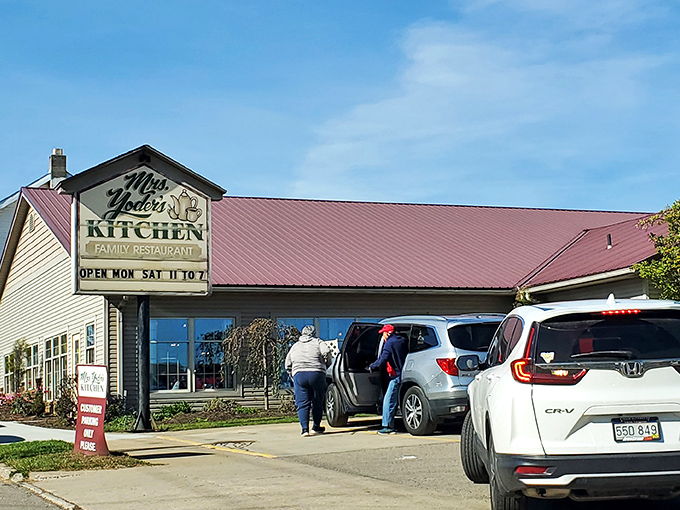 The welcoming sign of Mrs. Yoder's Kitchen stands sentinel in Mt. Hope, promising Amish comfort food that'll make you contemplate moving to Ohio permanently.