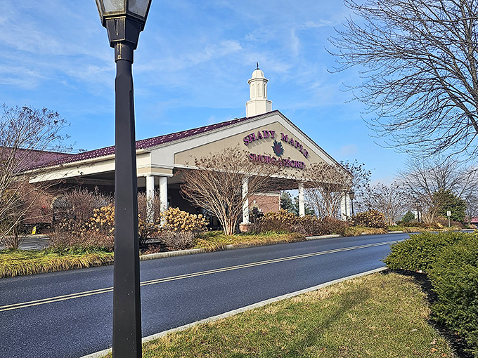 The grand entrance to food paradise! Shady Maple's distinctive cupola and landscaping offer a hint of the Pennsylvania Dutch feast awaiting inside.