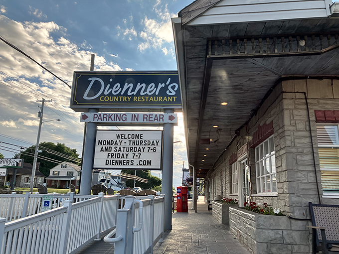The stone facade of Dienner's welcomes hungry travelers like a lighthouse guiding ships to safe harbor. Simple, sturdy, and promising comfort within. 