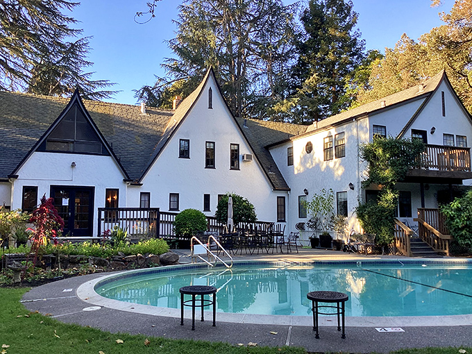 Tudor-style magic at twilight &ndash; where fairy tales meet wine country. Those timber accents aren't just showing off; they're telling stories centuries in the making.