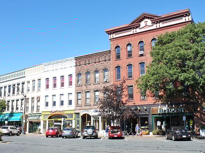 Historic brick architecture with a distinctive turret corner dominates downtown Northampton, where old-world charm meets modern retail sensibilities without breaking the bank.