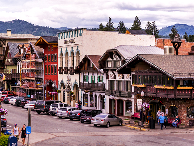 Bavarian architecture meets Pacific Northwest skies as Leavenworth's charming downtown invites visitors to wander among its timber-framed buildings and mountain views. 