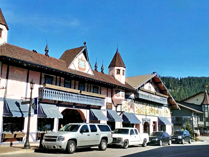 Bavarian architecture meets Pacific Northwest skies as Leavenworth's charming downtown invites visitors to wander among its timber-framed buildings and mountain views. 