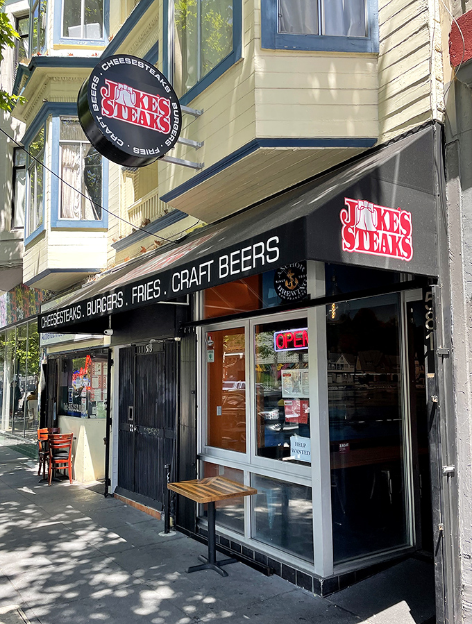 The unassuming storefront of Jake's Steaks stands like a Philly embassy on San Francisco soil, promising authentic cheesesteak diplomacy to all who enter.