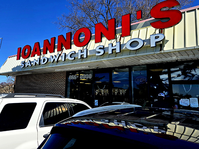 The bright red Ioannoni's sign stands out like a culinary lighthouse, guiding hungry travelers to sandwich nirvana on even the bluest Delaware day.