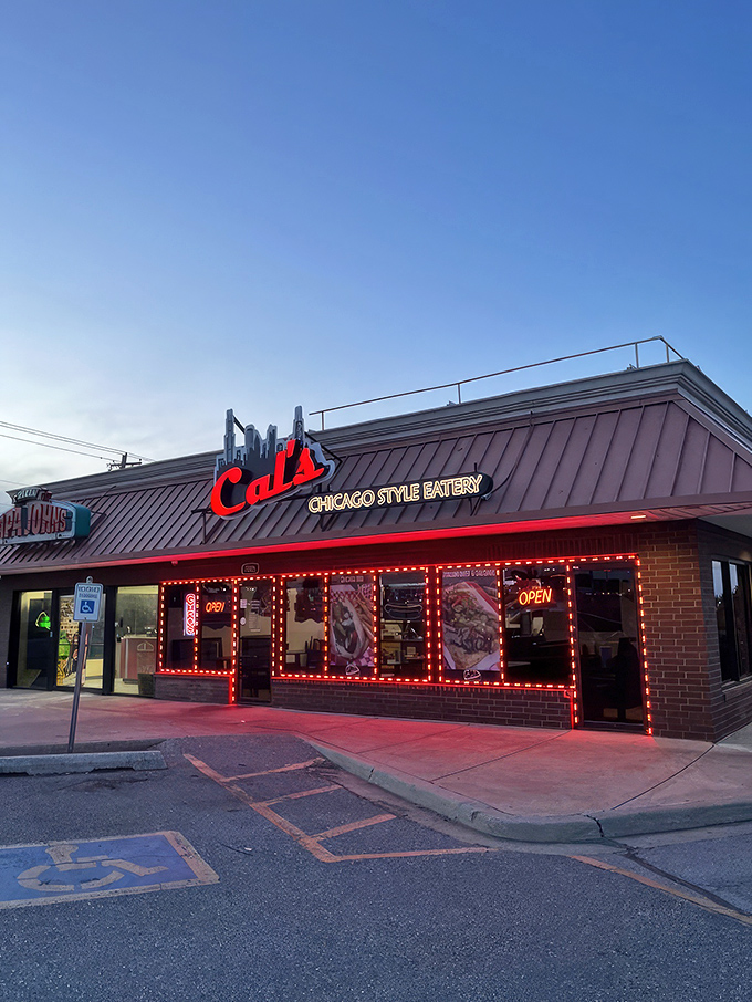 The bright red "Cal's" sign beckons like a lighthouse for the hungry, promising Chicago flavors in the heart of Oklahoma City.