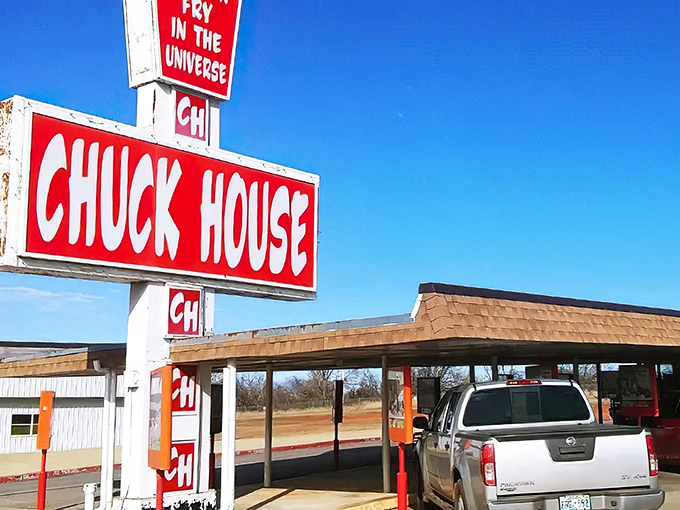 The turquoise exterior of Chuck's isn't just eye-catching—it's a beacon of hope for the hungry souls of Midwest City.