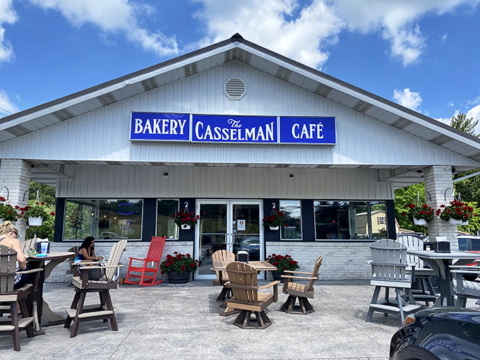 The white clapboard exterior with its bold blue sign promises comfort and carbs in equal measure. Mountain paradise found.