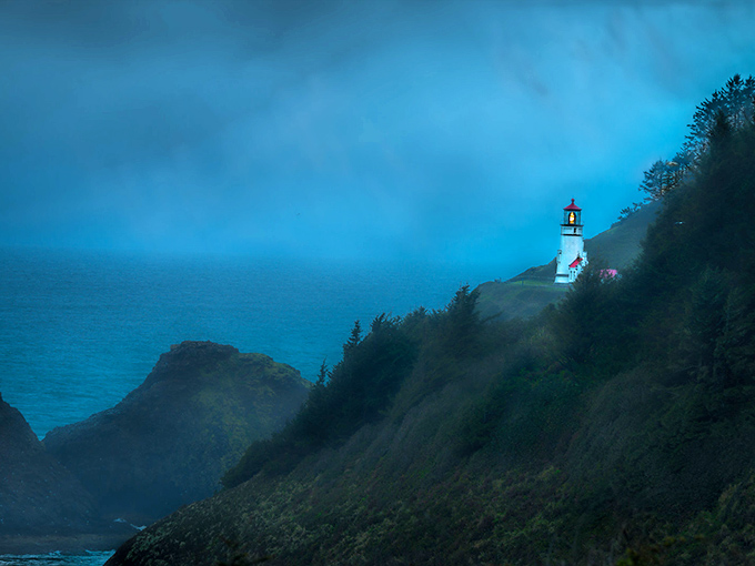 Twilight transforms Heceta Head Lighthouse into something from a gothic novel. The foggy backdrop only adds to the delicious eeriness that makes this spot unforgettable.