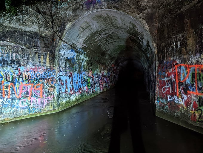 The entrance beckons with an eerie invitation &ndash; colorful graffiti leading into darkness where legends and water converge in Tennessee's most notorious tunnel.
