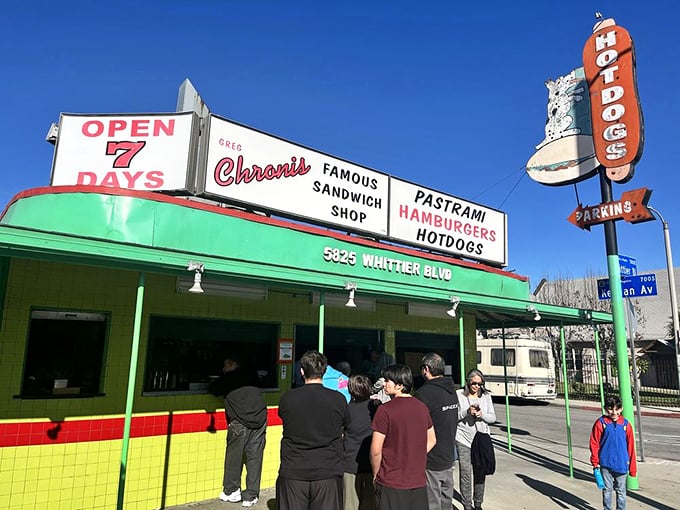 The iconic green exterior of Chronis Famous Sandwich Shop stands as a beacon of hope for hungry travelers on Whittier Boulevard. No fancy frills, just honest food promises.