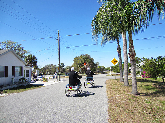 Where palm trees meet prayer caps: A resident navigates Pinecraft's quiet streets on a three-wheeled bicycle, the preferred transportation in this unique Amish-Mennonite enclave.