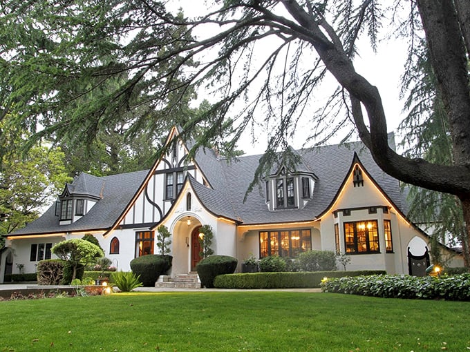 Tudor-style magic at twilight &ndash; where fairy tales meet wine country. Those timber accents aren't just showing off; they're telling stories centuries in the making.