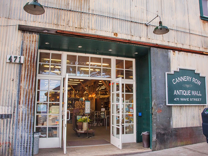 The weathered corrugated exterior of Cannery Row Antique Mall stands as a time capsule itself, housing treasures that span decades within its industrial bones.