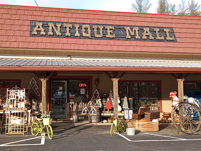 The red-roofed time capsule beckons with its colorful bicycle sentries standing guard. Like a portal to the past, Brown County Antique Mall promises treasures beyond that unassuming facade.