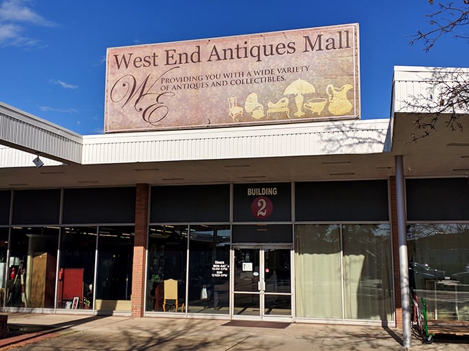 The unassuming exterior of West End Antiques Mall belies the wonderland within. Like a time-travel portal disguised as a strip mall storefront.