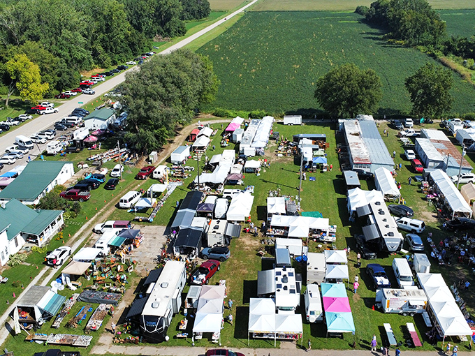 From this aerial view, Sparks Flea Market resembles a treasure hunter's Disneyland&mdash;white tents and colorful displays sprawling across the Kansas countryside.