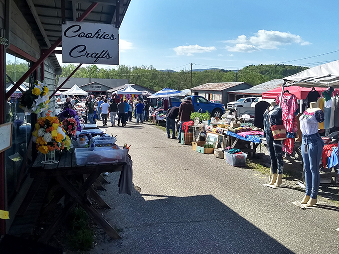 The weekend treasure hunt begins! Shoppers navigate the bustling outdoor section where handmade crafts and fresh finds await discovery.