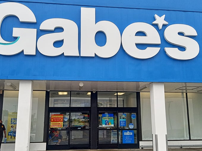The iconic blue Gabe's sign beckons like a lighthouse for bargain hunters. No fancy frills, just the promise of deals that'll make your wallet sigh with relief.