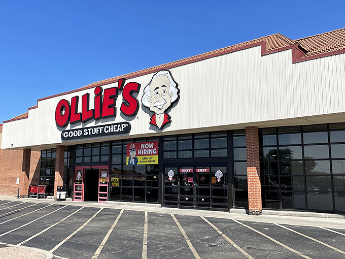 The iconic Ollie's storefront promises "Good Stuff Cheap" beneath that cartoon mascot grin &ndash; retail therapy's most honest advertising campaign.