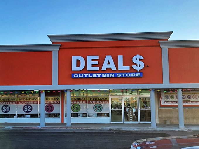 The bright red storefront of Deals Outlet Bin Store stands out like a beacon of bargain hope on SW 59th Street. Treasure hunting begins here!