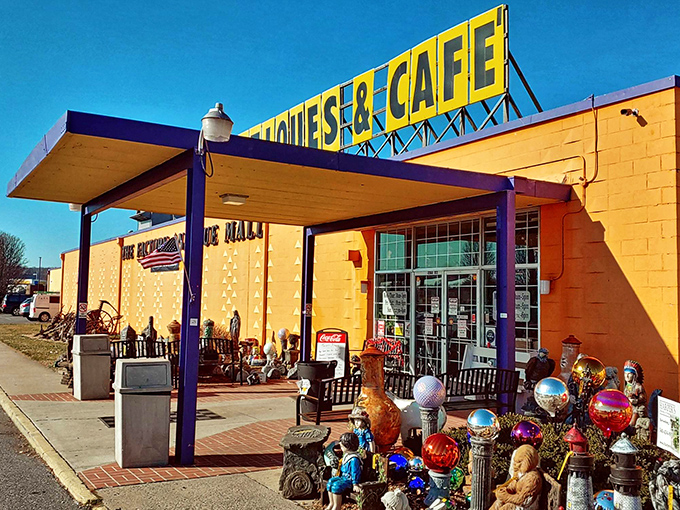 The sunshine-yellow exterior of Factory Antique Mall beckons like a beacon to treasure hunters. Those garden ornaments are just appetizers for the feast inside.