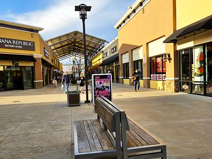 The modern, spacious walkways of Outlets of Little Rock invite shoppers to stroll comfortably between bargain havens like GAP Factory Store.