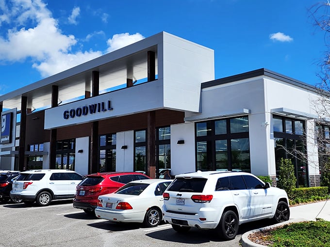 The sleek, modern exterior of Lake Nona's Goodwill breaks every thrift store stereotype. This isn't your grandmother's secondhand shop.
