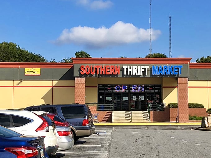 The bright yellow exterior with bold red-white-blue signage promises treasure hunting adventures inside&mdash;like a theme park for the bargain-obsessed.