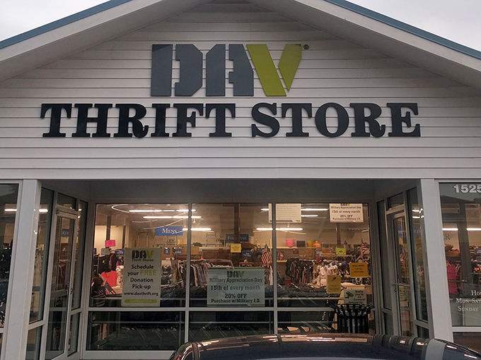 The unassuming exterior of DAV Thrift Store stands like a humble guardian of treasures, its simple signage belying the wonderland of bargains waiting inside.