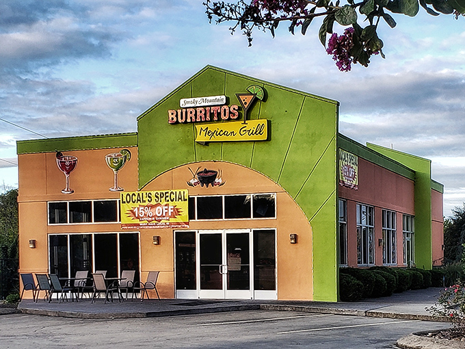The lime green exterior of Smoky Mountain Burritos stands out like a mariachi band at a library&mdash;bold, unapologetic, and promising a good time.