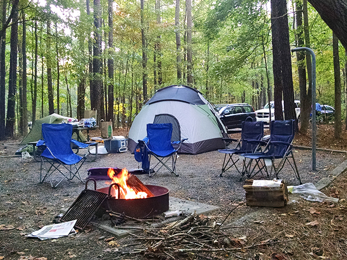 The perfect campsite equation: one dome tent + blue chairs + crackling fire = memories that outlast the mosquito bites.