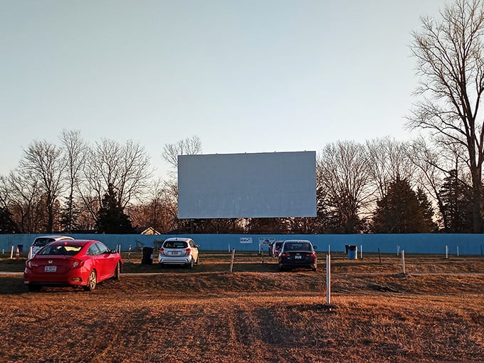Cars lined up under the open sky, where the humble drive-in transforms ordinary evenings into cinematic adventures. Pure Americana at its finest.