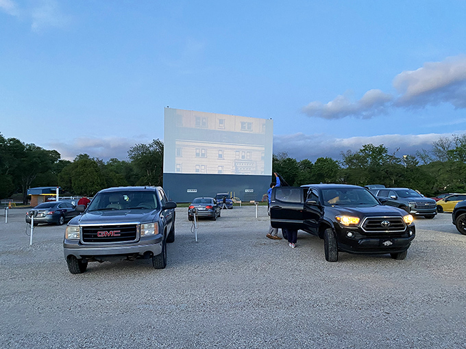 Modern cars parked alongside classic cars&mdash;the great equalizer at Boulevard Drive-In is that everyone gets the same perfect view of Pink Panther's antics.