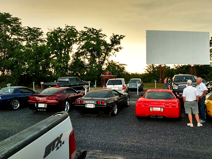 Twilight magic unfolds as cars gather beneath a pastel sky, the massive white screen waiting to transport viewers to another world.
