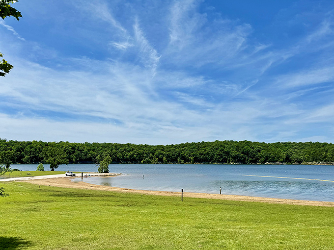 Crystal-clear waters meet endless blue skies at Pomme de Terre's pristine beach area, where Missouri proves it doesn't need an ocean to create paradise.