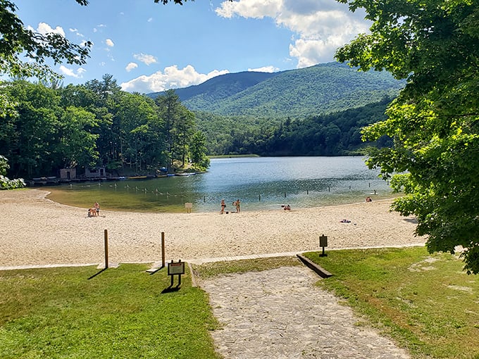 Mother Nature's beach day perfection: crystal-clear mountain water meets sandy shores, all framed by the Allegheny Mountains' emerald embrace.