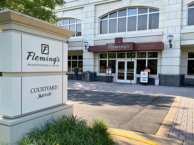 The entrance to beef paradise! Fleming's elegant stone facade in McLean promises a carnivorous adventure worth every mile of Northern Virginia traffic.