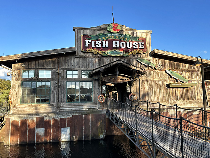 The rustic wooden exterior of White River Fish House beckons like a fisherman's tale come to life, complete with colorful fish sculptures that practically wink at you.