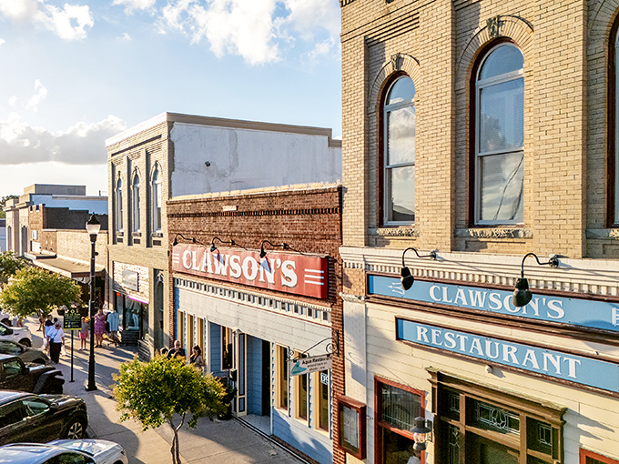 That iconic red Clawson's sign against the historic brick building is like a lighthouse for hungry souls navigating downtown Beaufort.