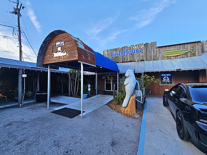 The weathered wooden exterior and giant fish sculpture aren't trying to impress you&mdash;they're saving all that energy for what's on your plate.