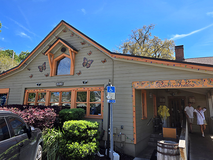 The butterfly-adorned exterior of TacoLu beckons like a colorful beach cottage that decided to have a fiesta. Pure Jacksonville Beach charm!