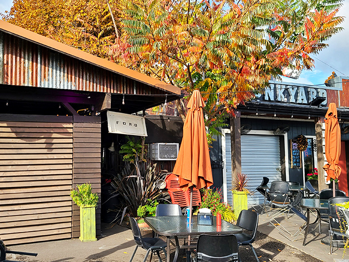 Not your average roadside stop! Junkyard's distinctive fin-shaped sign beckons hungry travelers like a burger lighthouse guiding ships to delicious shores.