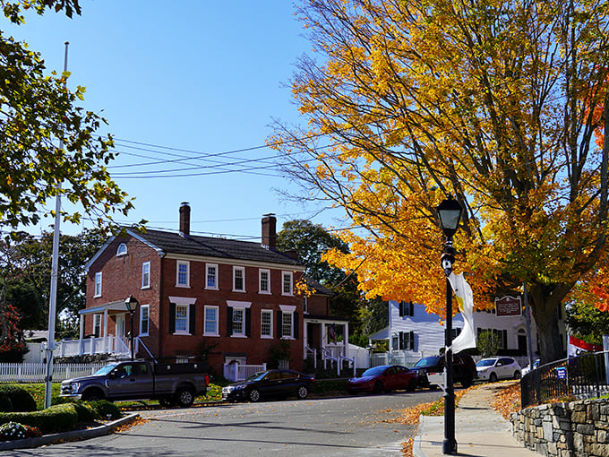 A quintessential New England scene where history meets waterfront charm. Essex's colonial buildings stand proudly against bare winter trees, inviting spring visitors to explore.