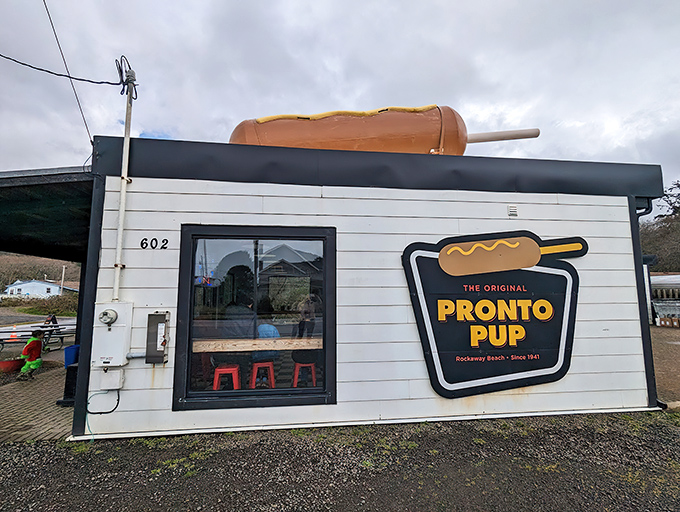Highway 101's most eye-catching landmark isn't a lighthouse&mdash;it's a giant hot dog on a roof beckoning hungry travelers to Rockaway Beach.