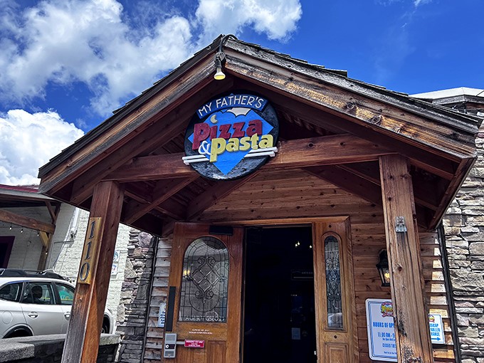 The stone facade of My Father's Pizza welcomes visitors like a mountain cabin that happens to serve world-class pizza. Rustic charm meets culinary excellence.