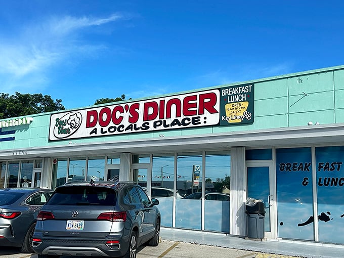 Doc's Diner announces itself with no-nonsense charm&mdash;a mint-green beacon of breakfast hope along the Overseas Highway in Key Largo.